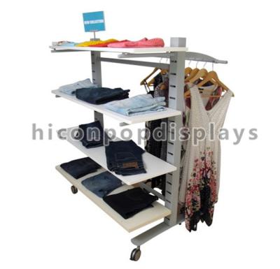 China 4 Caster Clothing Store Fixtures Double Sided Wood Shelves Slatwall Clothing Rack for sale