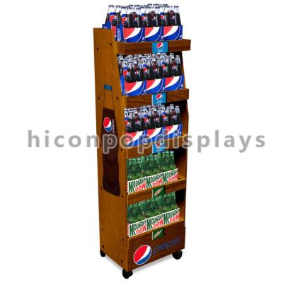 China Movable Solid Wood Cola Display Stand Freestanding Drinks Shop Merchandising Display for sale