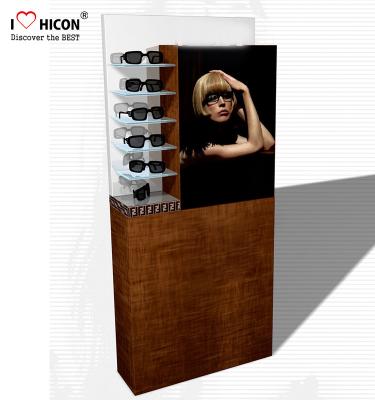 China Shops Lighting Acrylic Wooden Sunglasses Display Stand With Metal Rack for sale