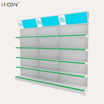 China Premium 3-Group Floor White Pegboard Buy Pharmacy Gondola Shelving for sale