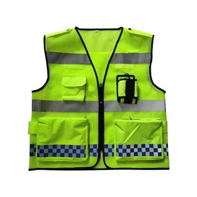 China Zipper Closure Green Reflective Vest In Mesh Polyester With Multiple Pockets for sale