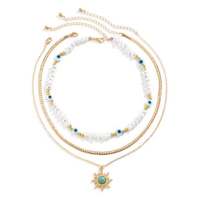 China Ladies Fancy Evil Eye Necklace 45cm Length 1.5cm Width with Sun Turquoise Pendant for Wedding Party Fashion Jewelry for sale