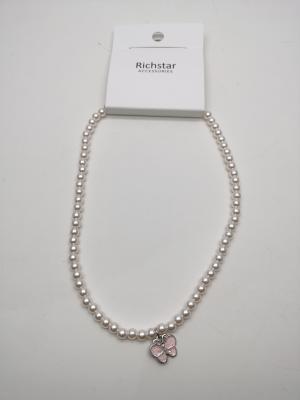 China Unisex Children Silver Acrylic Polished Custom Size Pearl Necklace Butterfly Pendant for sale