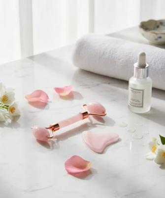 China Natural Rose Quartz Facial Roller and Gua Sha Set for Face Massage Anti Aging Skin Care Tool for sale