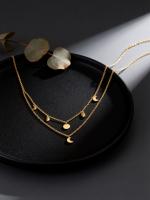 China 18K Gold Plated Layered Necklace for Women Dainty Double Chain Moon Disc Charm Pendant Waterproof Tarnish Free Hypoallergenic Jewelry for sale