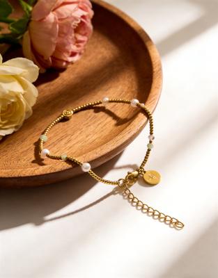 China 18K Gold Plated Waterproof Beaded Bracelet Adjustable Layering Design 7.5 Inch for sale
