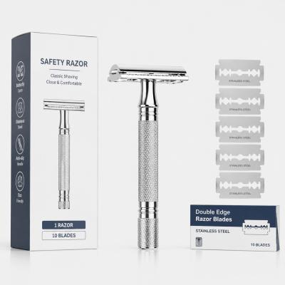 China Classic Double Edge Safety Razor Kit – Eco-Friendly Metal Shaving Set with 10 Replacement Stainless Steel Blades for sale