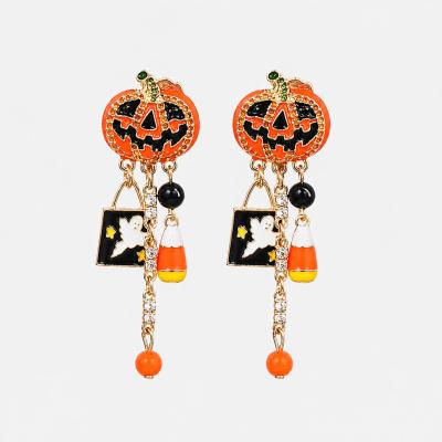 China Halloween Pumpkin Dangle Earrings with Rhinestones, Ghost Charm & Candy Corn Drop | Spooky Holiday Fashion Jewelry for sale