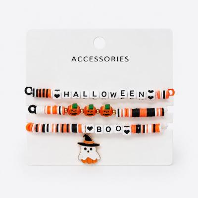 China Halloween Polymer Clay Heishi Bead Bracelet Set – Spooky Ghost Charm & Letter Bead Elastic Jewelry Set (3 Pcs/Set) for sale