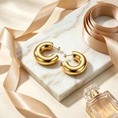 China 18K Gold Plated Waterproof Hypoallergenic Stainless Steel Chunky Hoop Earrings 30mm for sale