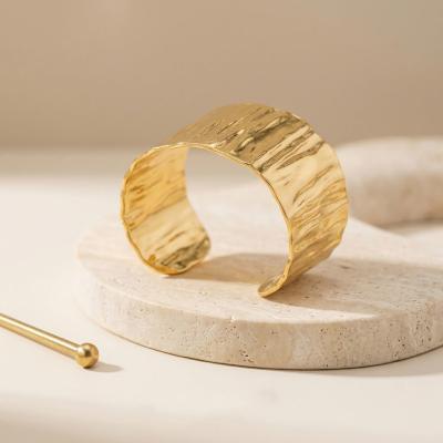 China Waterproof Stainless Steel Wide Gold Cuff Bracelet – 18K PVD Plated Organic Texture Statement Bangle for sale