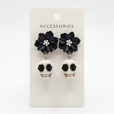 China Custom Resin Floral Skull Dangle Earrings | Halloween Style Skeleton Head Earrings for B2B Retailers for sale