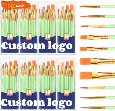 China Wooden Handle 100 Packs 10 Pcs Artist Brushes Set For Acrylic And Oil Painting for sale