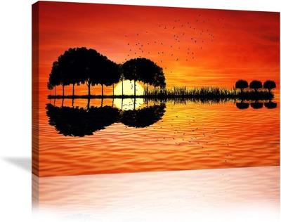 China Modern Abstract Guitar Tree Lake Sunset Art Canvas Painting With Wooden Frame for sale