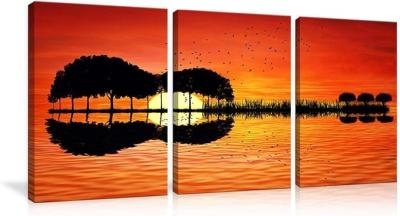 China Urttiiyy 3 Panel Canvas Art Prints Music Abstract Guitar Tree Lake Sunset Art Painting for sale