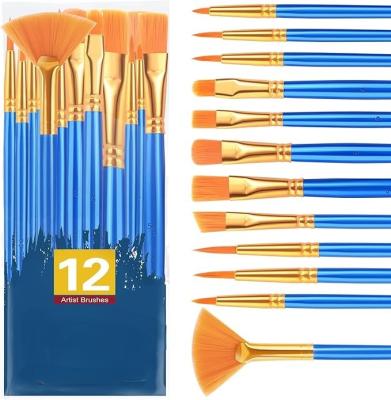 China Wooden Handle Acrylic Paint Brush Set 12 Pcs Nylon Hair Paint Brushes For All Purpose for sale