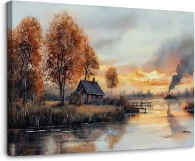 China Sunset Wall Art Lakeside Landscape Printed Painting Canvas Painting Artwork For Living Room for sale