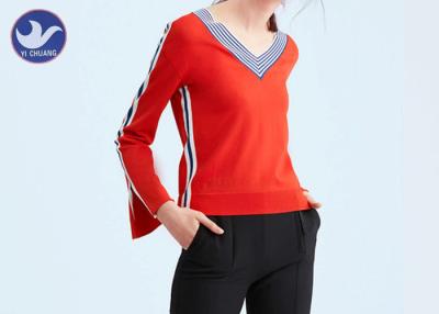 China Stripes V Neck Pullover Sweater Women's , Long Sleeve Knit Sweater Raw Roll Edge Slit Cuff Jumper for sale
