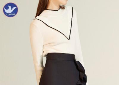 China Stand Collar Fake V Neck Womens Knit Pullover Sweater Contrast Color Edge Top for sale