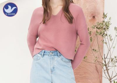 China Double V Neck Womens Knit Pullover Sweater Drop Shoulder Chunky Loose Top for sale