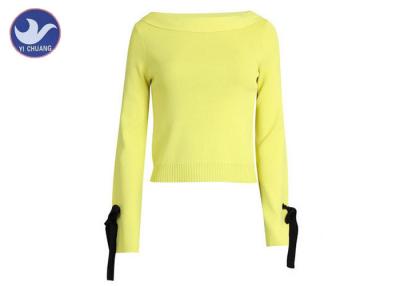 China Lapel Boat Neck Womens Knit Pullover Sweater Lace Up Slit Cuff Viscose Nylon Top for sale