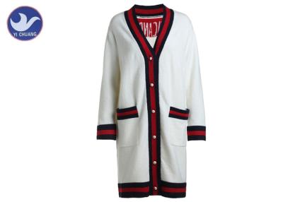 China White Women'S Button Down Cardigan Sweaters , Long Oversized Knit Cardigan Lurex Stripes Trims for sale