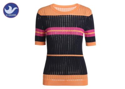 China Summer Stripes Womens Knit Pullover Sweater Crew Neck Short Sleeves Rib Top for sale