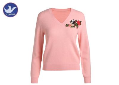 China Pink Women's Long Sleeve Sweaters , V Neck Knitted Jumper Dog Flower Embroidered Patch for sale