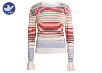 China Young Girl Trumpet Cuff Womens Knit Pullover Sweater Multi Color Stripes Apparel for sale