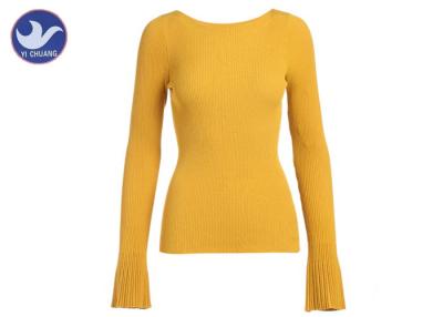 China Shinny Yellow Womens Knit Pullover Sweater Small Boat Neck Ribbed Stylish Clothing for sale