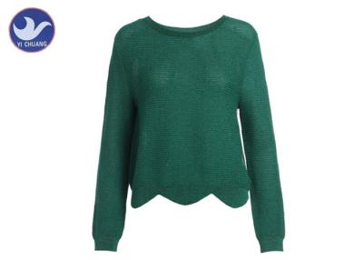 China Crew Neck Women's Long Duster Sweater , Knit Pullover Sweater Forest Green Wavy Welt for sale