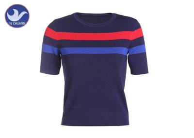 China Summer Short Sleeve Cable Knit Sweater  , Womens Navy Blue Pullover Sweater Crew Neck Stripes Knitwear for sale
