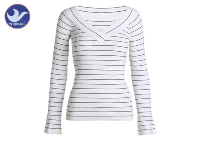 China Big V Neck Womens Knit Pullover Sweater Ribs Stripes Small Trumpet Cuff  Spring Knitwear for sale