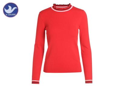 China Stripes Neck And Cuff Womens Knit Pullover Sweater Ruffle Collar Inside Knitwear for sale