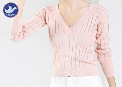China Vertical Transparent Stripes Womens Knit Pullover Sweater Pink Double V Neck Top for sale