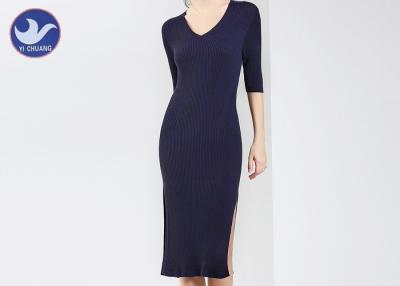 China Half Sleeves Womens Knitted Dresses , V Neck Jumper Dress / Knit Dress Welt Side Vent for sale
