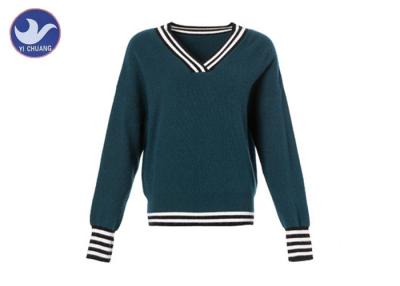 China Dark Green Ribs Womens Knit Pullover Sweater Stripes in V Neck , Cuff And Welt for sale