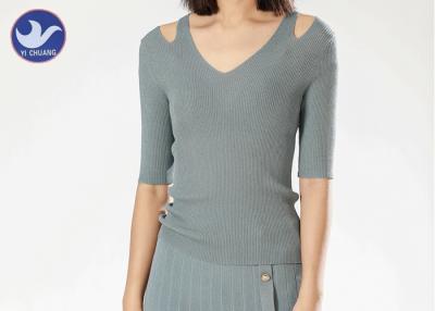 China Half Sleeves Summer Knitwear Shoulder Slit / V Neck Ladies Pullover Sweaters for sale