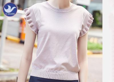 China Ruffle Drop Short Sleeves Womens Knit Pullover Sweater Stripes Summer for sale