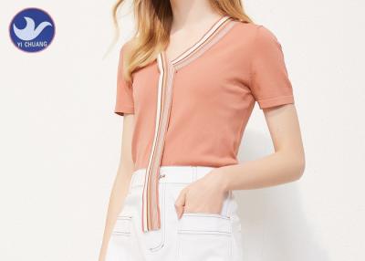China Knitted Constrast Color Thin V Neck Pullover Sweater Summer Short Sleeves for sale
