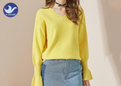 China Candy Color Trumpet Cuff Womens Knit Pullover Sweater / Ladies V Neck Jumper for sale