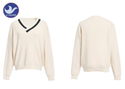 China Stripes V Neck Ribs Knitting Women'S Pullover Sweater / Casual Clothes For Girls for sale