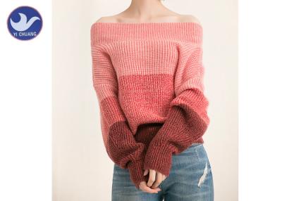 China Sexy Off Shoulder Womens Knit Pullover Sweater , Pink Stripes Winter Knitted Jumpers for sale