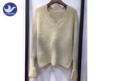 China Mohair Trumpet Sleeve Cuff Womens Knit Pullover Sweater Wave V Neck Anti - Shrink for sale