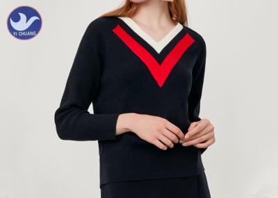 China Stripes V Neck Womens Knit Pullover Sweater Rib Knitting Wool for sale