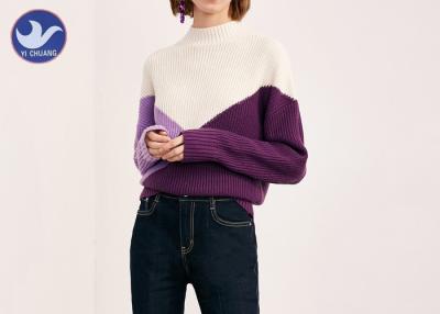 China Mock Neck Half Cardigan Knitted Womens Knit Pullover Sweater Contrast Color for sale