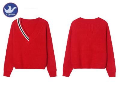 China Chinese Red Womens Knit Pullover Sweater Half Striped V Neck  Half Cardigan Knitting for sale
