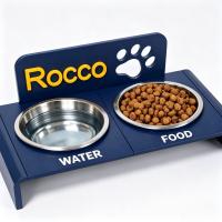 China Navy Customized Name Dog Dining Station, 3D printed Pet Accessories Raised Feeding Stand Marked FOOD & WATER for sale
