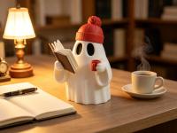 China Matte PLA Made 3D Printed Holiday Decoration, Beanie Wearing Reading Ghost Decor for Library Table Display for sale