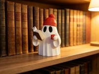 China Matte PLA Made 3D Printed Holiday Decoration, Beanie Wearing Reading Ghost Decor for Library Table Display for sale